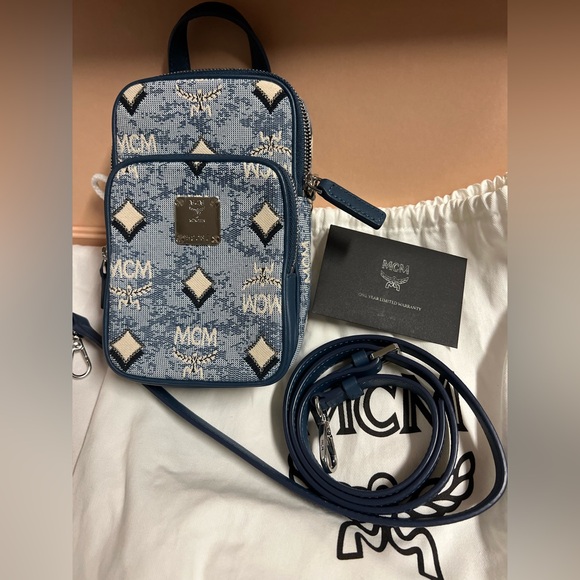 MCM | Bags | Nwt Mcm Blue Monogram Mini Womens 2 Way Bag | Poshmark